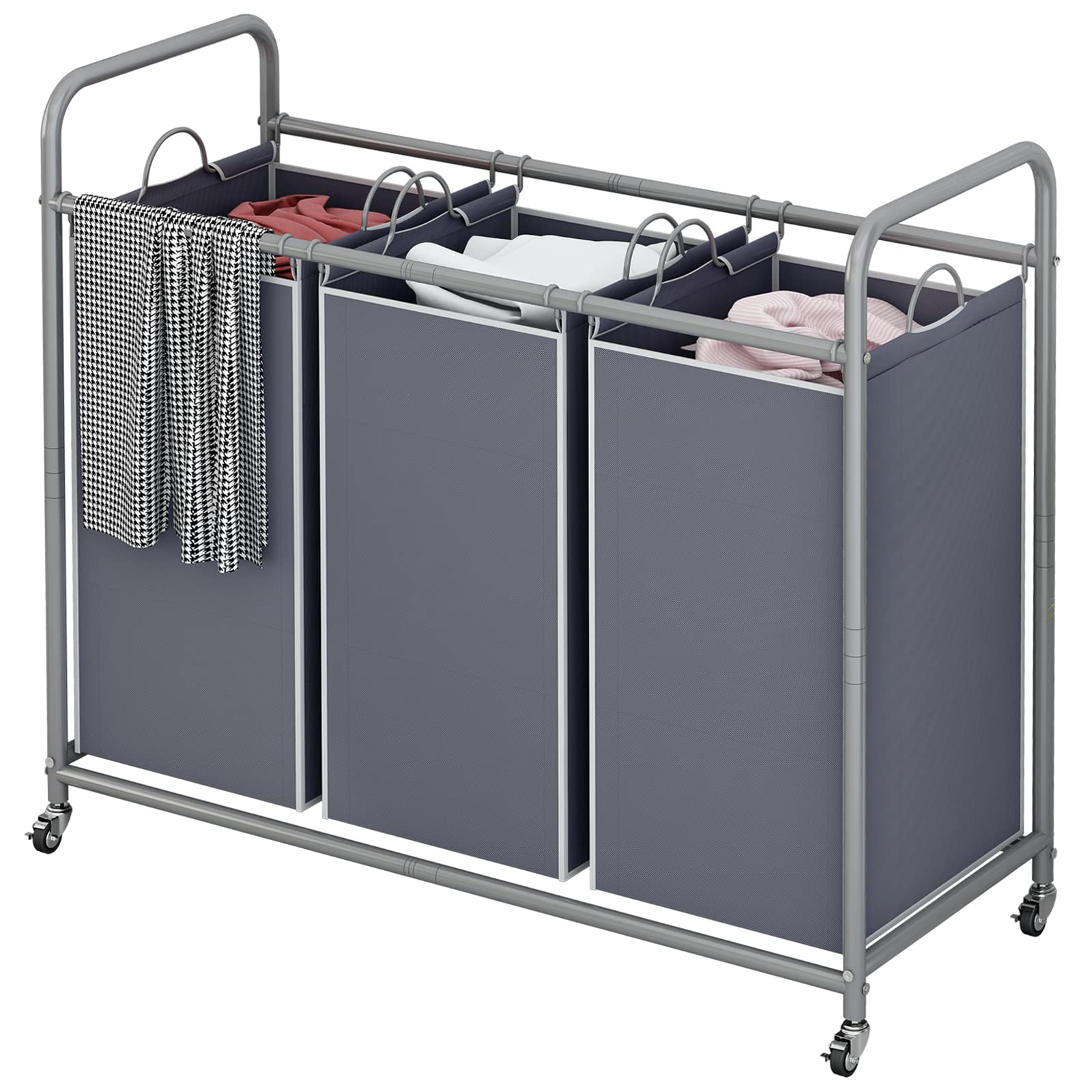 Laundry Sorter 3 Bag Laundry Hamper Cart with Rolling Lockable Wheels and Removable Bags Laundry Organizer Cart for Clothes Storage