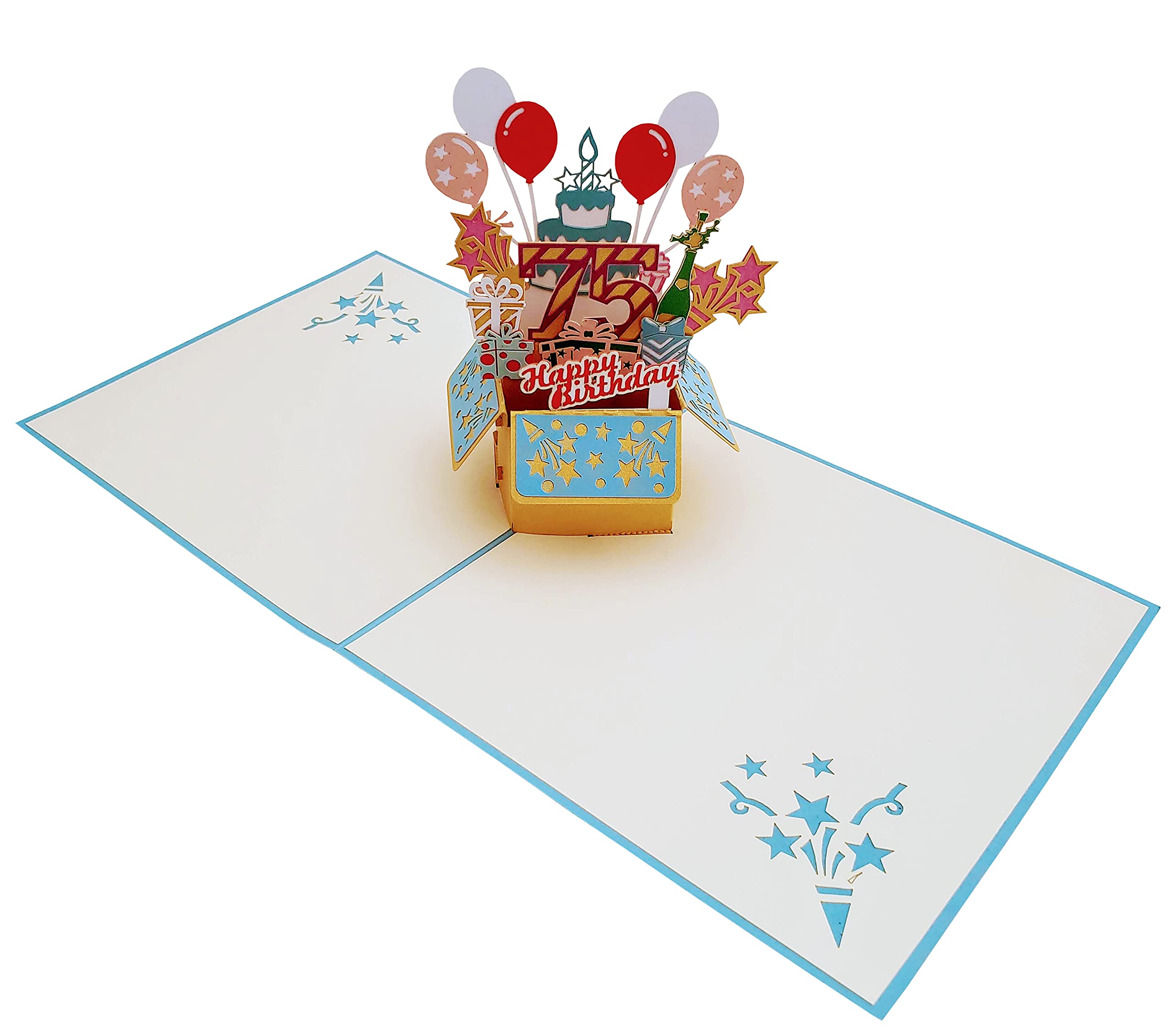 iGifts And Cards Happy 75th Blue Birthday Party Box 3D Pop Up Greeting Card – Seventy-Five, Awesome, Balloons, Unique, Celebration, Feliz Cumpleaños, Fun, Mom, Dad