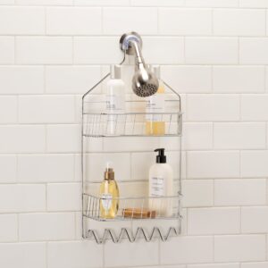 Bath Bliss, Bathroom Storage Organizer, Head, in Chrome 2 Tier Cabana Stripe Shower Caddy, 10.63 x 4.69 x 22.05