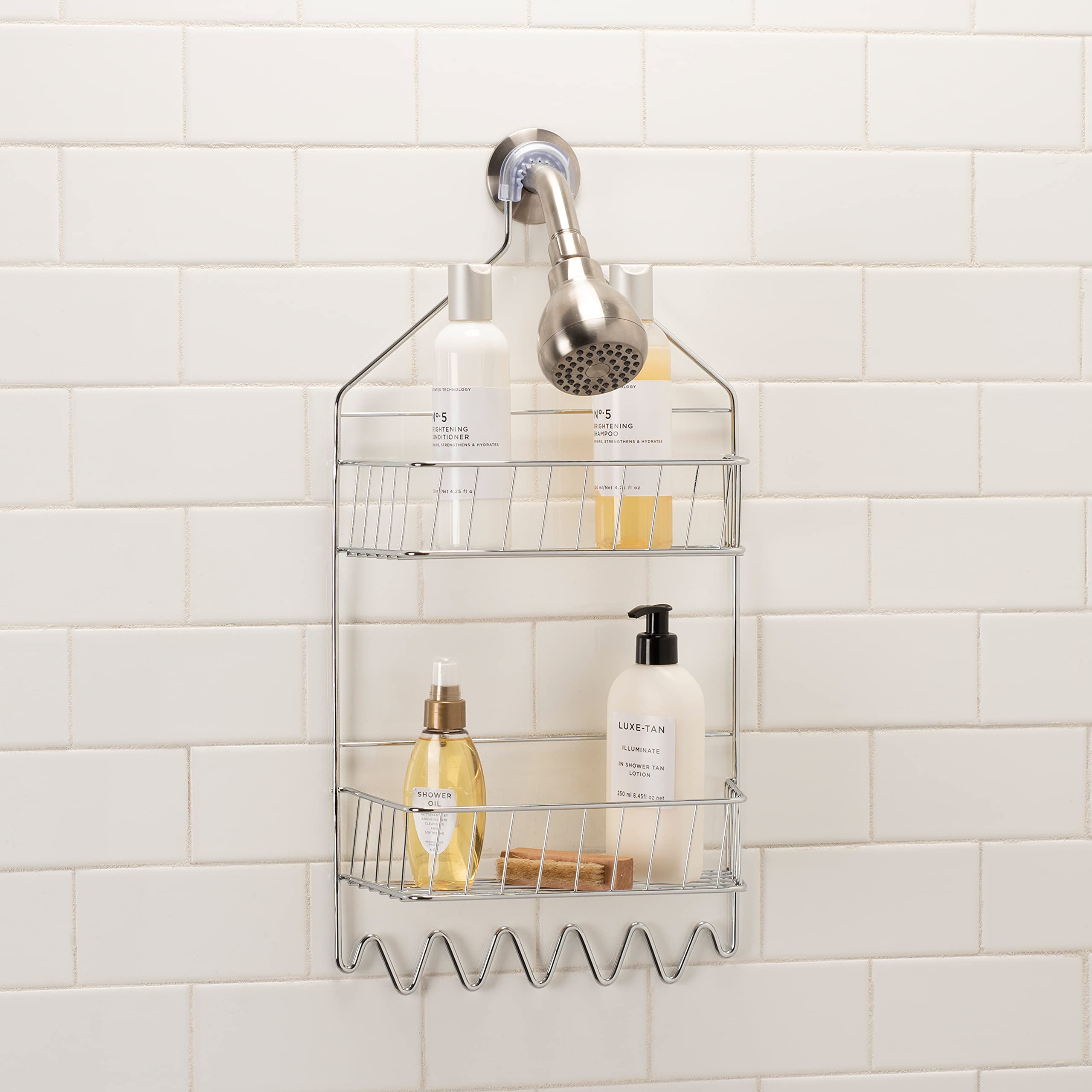 Bath Bliss, Bathroom Storage Organizer, Head, in Chrome 2 Tier Cabana Stripe Shower Caddy, 10.63 x 4.69 x 22.05