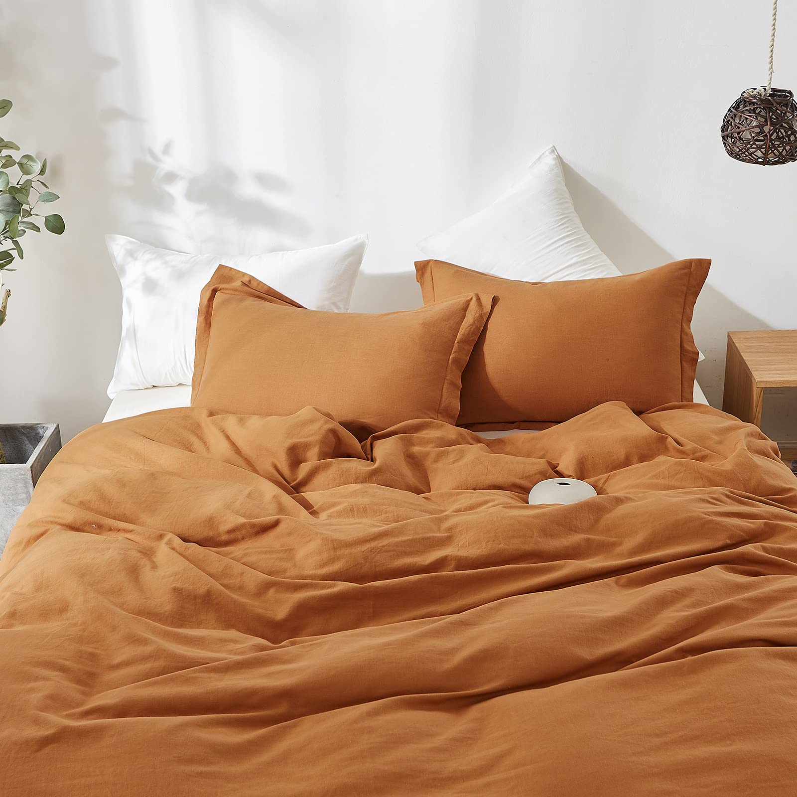 Simple&Opulence French Linen Duvet Cover Set 88" x 92"- 3 Pieces (1 Comforter Cover,2 Pillowcases)- Natural Flax Cotton Blend-Solid Color Breathable Farmhouse Bedding-Rust, Queen