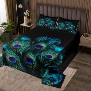 erosebridal peacock feather coverlet set wild animal bedspread for boys girls youth,wildlife bedding set fashion novelty luxury bedroom decor queen size blue green teal black