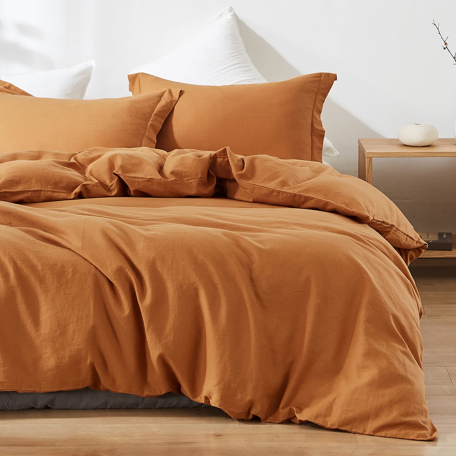 Simple&Opulence French Linen Duvet Cover Set 88" x 92"- 3 Pieces (1 Comforter Cover,2 Pillowcases)- Natural Flax Cotton Blend-Solid Color Breathable Farmhouse Bedding-Rust, Queen