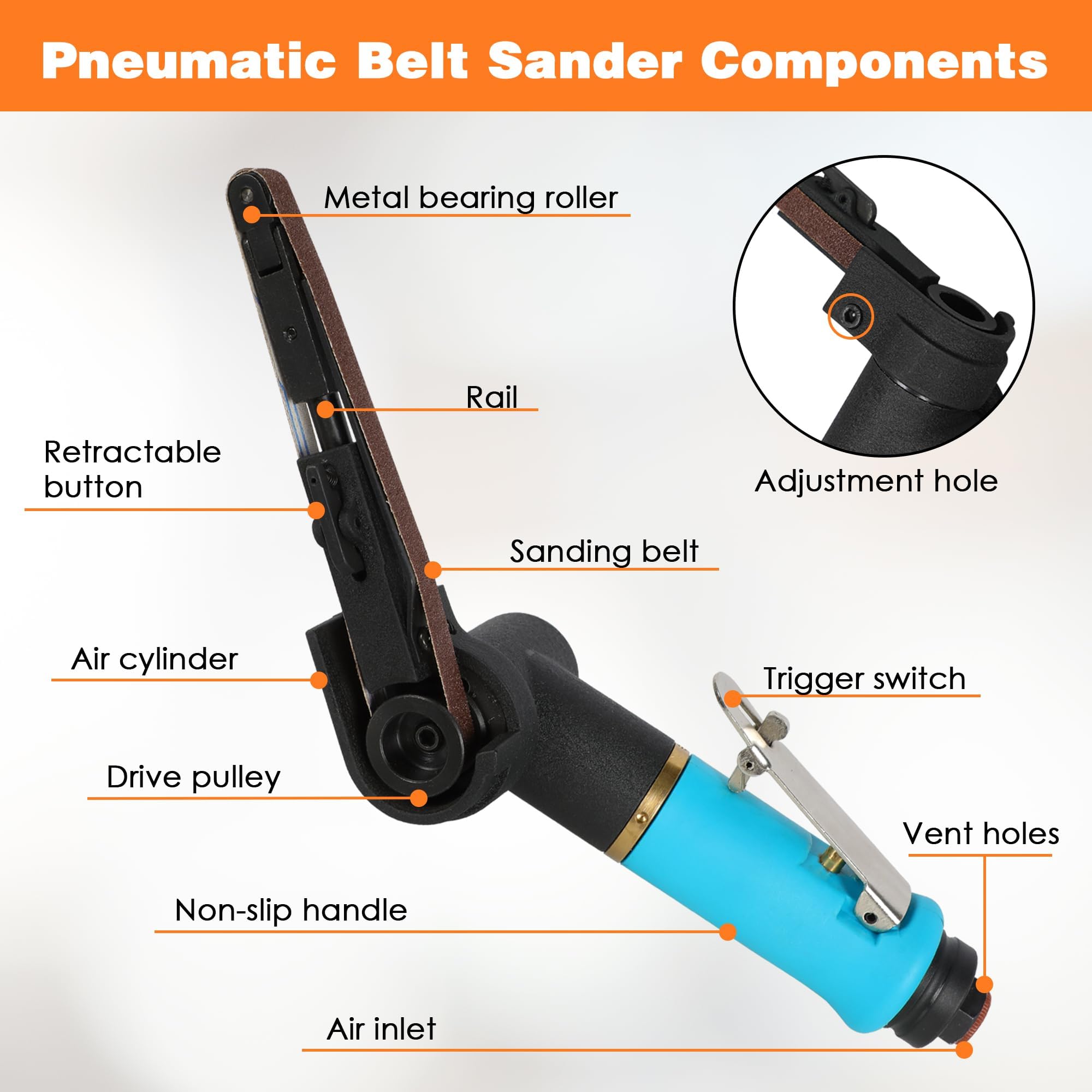 Air Belt Sander 3/8" x 13 inch Pneumatic Sander with 1/4" Air Inlet, Pneumatic Tool with 12pc Belts (40#,60#,80#,120#), Mini Air Belt Grinder Air Tool for Polishing Plastic Aluminium Iron Steel Metal