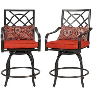 patiomore patio swivel bar stools, outdoor bar height bistro chairs set of 2, metal iron frame with seat cushions, red