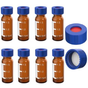 four e's scientific 2ml autosampler vials 1000 pack - hplc vial | 9-425 amber vial with blue screw caps | writing patch | graduation | white ptfe & red silicone septa fit for lc sampler