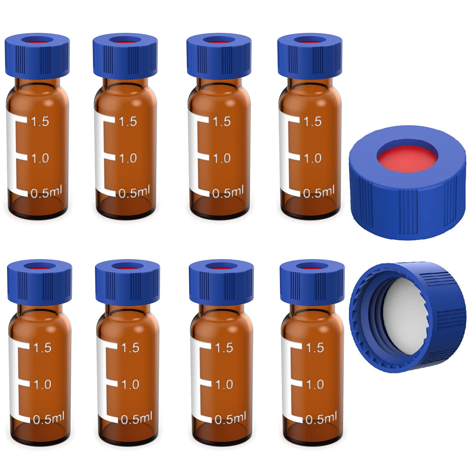 FOUR E'S SCIENTIFIC 2ml Autosampler Vials 1000 Pack - HPLC Vial | 9-425 Amber Vial with Blue Screw Caps | Writing Patch | Graduation | White PTFE & Red Silicone Septa Fit for LC Sampler