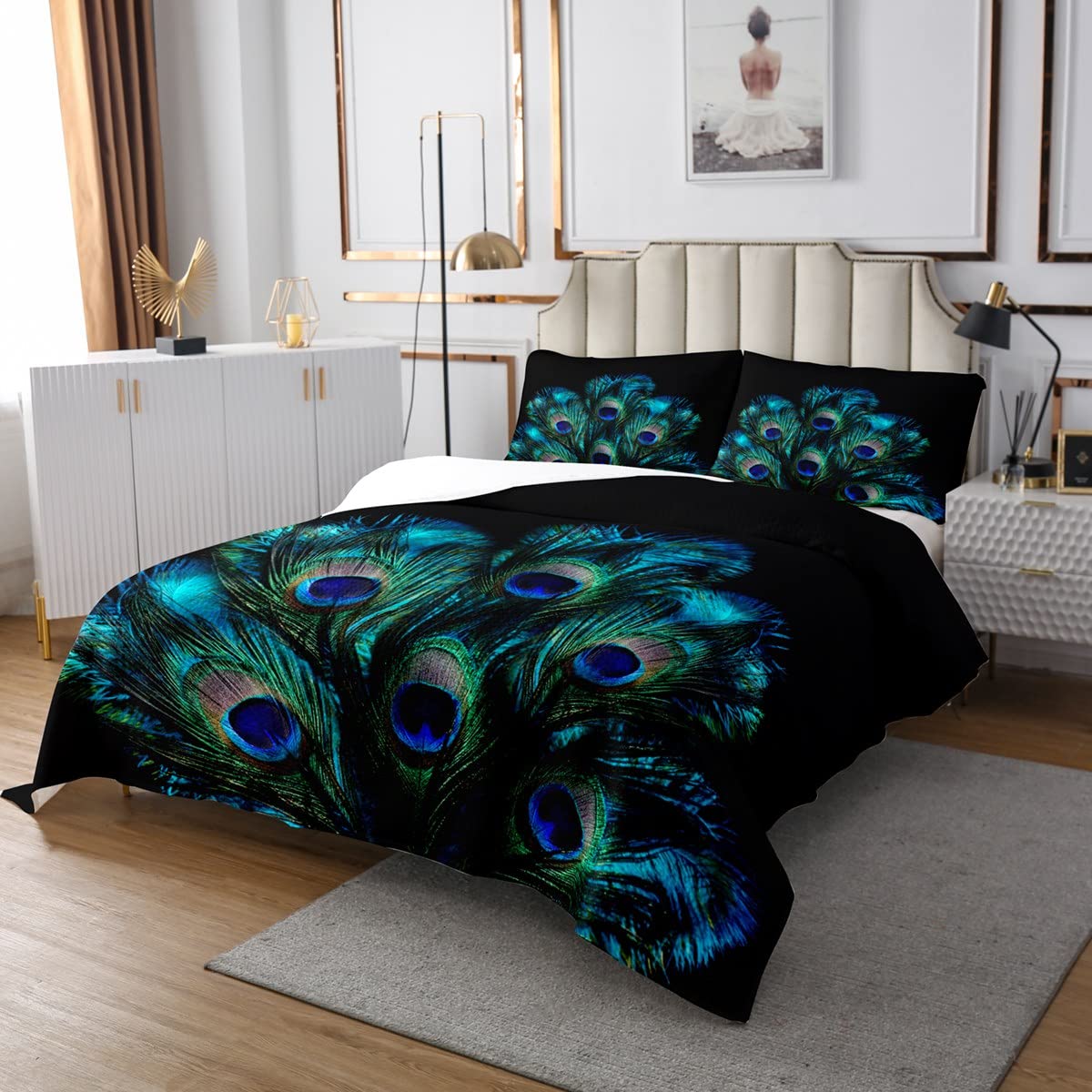 Erosebridal Peacock Feather Coverlet Set Wild Animal Bedspread for Boys Girls Youth,Wildlife Bedding Set Fashion Novelty Luxury Bedroom Decor Queen Size Blue Green Teal Black