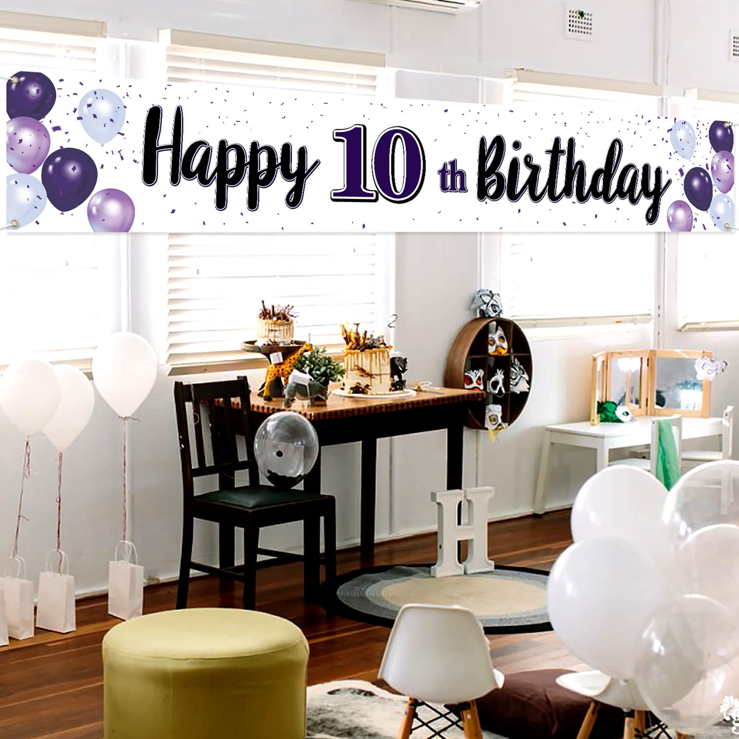 LASKYER Happy 10th Birthday Decorations,10th Purple Balloon Large Birthday Hanging Banner Sign,Cheers to Ten Years Old Bday Party Supplies.