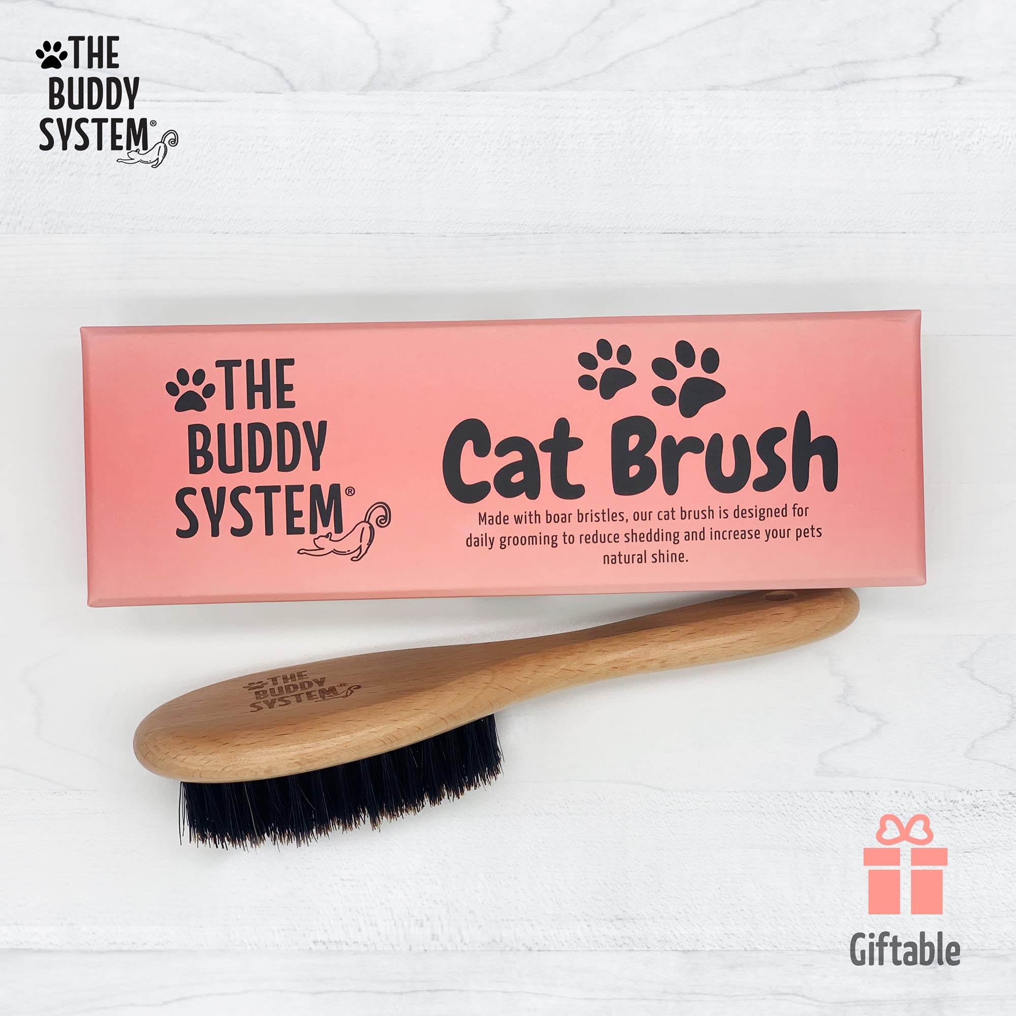 The Buddy System Cat Brush with Boar Bristle and Wooden Handle, Professional Grade Daily Grooming Hairbrush, Reduce Shedding, Soft Hair and Healthy Shine (1 Pack)