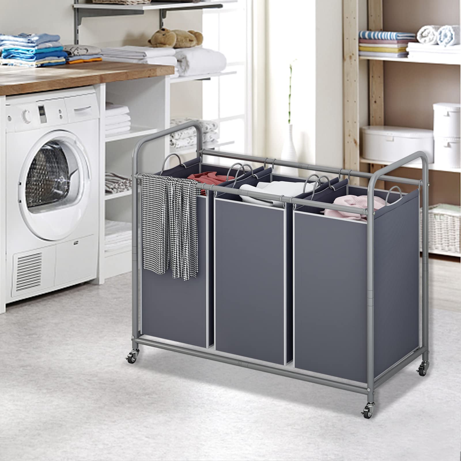 Laundry Sorter 3 Bag Laundry Hamper Cart with Rolling Lockable Wheels and Removable Bags Laundry Organizer Cart for Clothes Storage