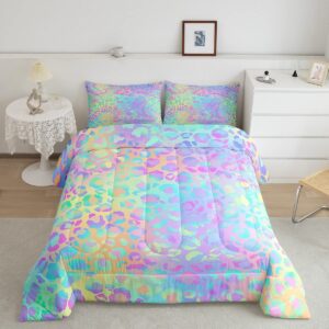 women leopard printed comforter set, cheetah printed bedding set for kids girls boys full size, modern colorful rainbow bedroom room decor lightweight soft bedding quilt with 2 pillowcases