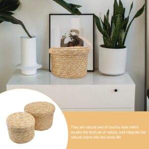 Cabilock 2pcs Straw Storage Basket Desktop Wicker Magazine Baskets Hampers for Laundry with Lid Seagrass Storage Baskets Snack Container Wheat Straw Decorative Basket to Weave