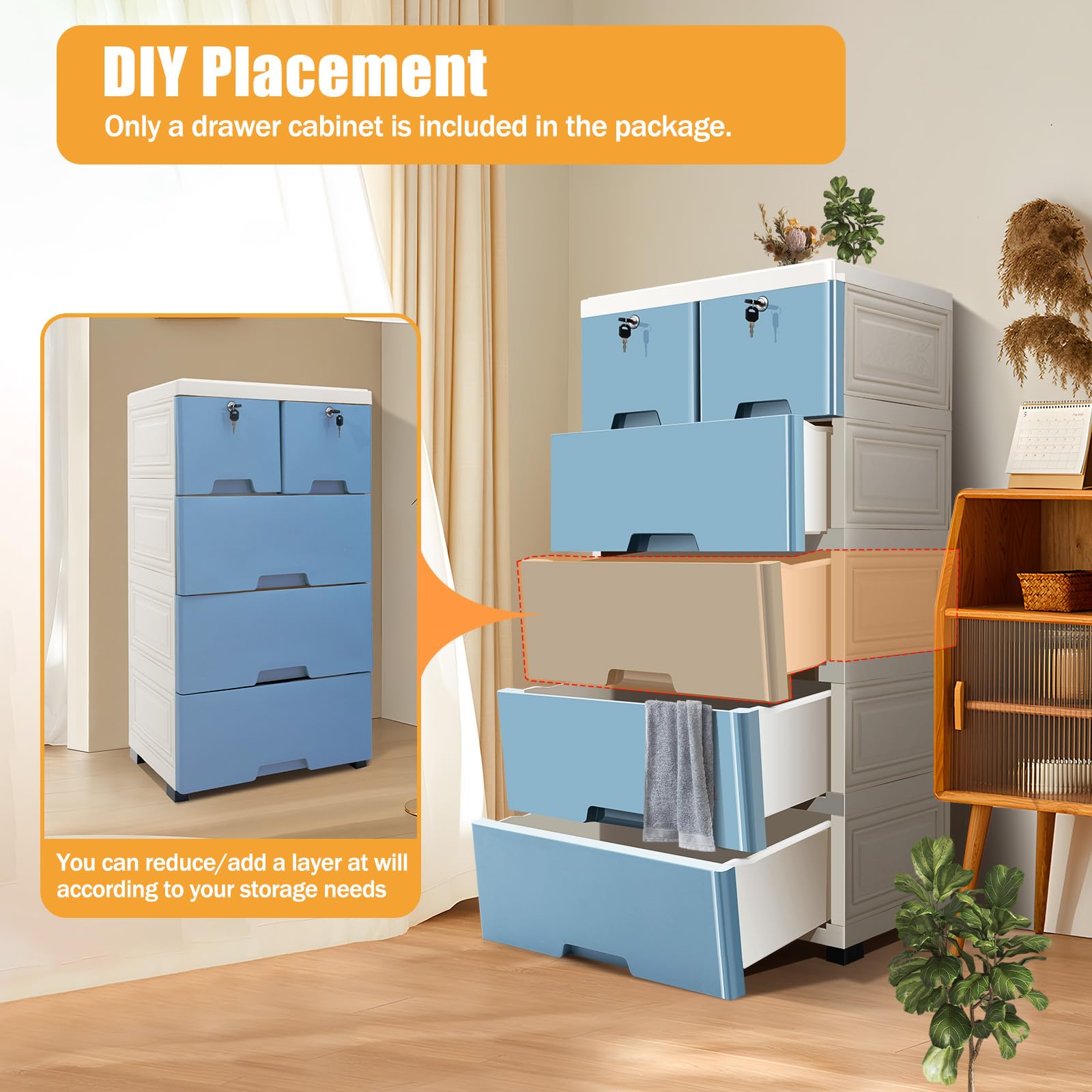 6 Drawer Dresser Vertical Cupboard Cabinet Plastic Dresser Storage with 4 Wheel and 4 Large Drawers and Top 2 Small Cabinets Locker(With Keys) for Closets Bedrooms Nurseries Playrooms and More (Blue)