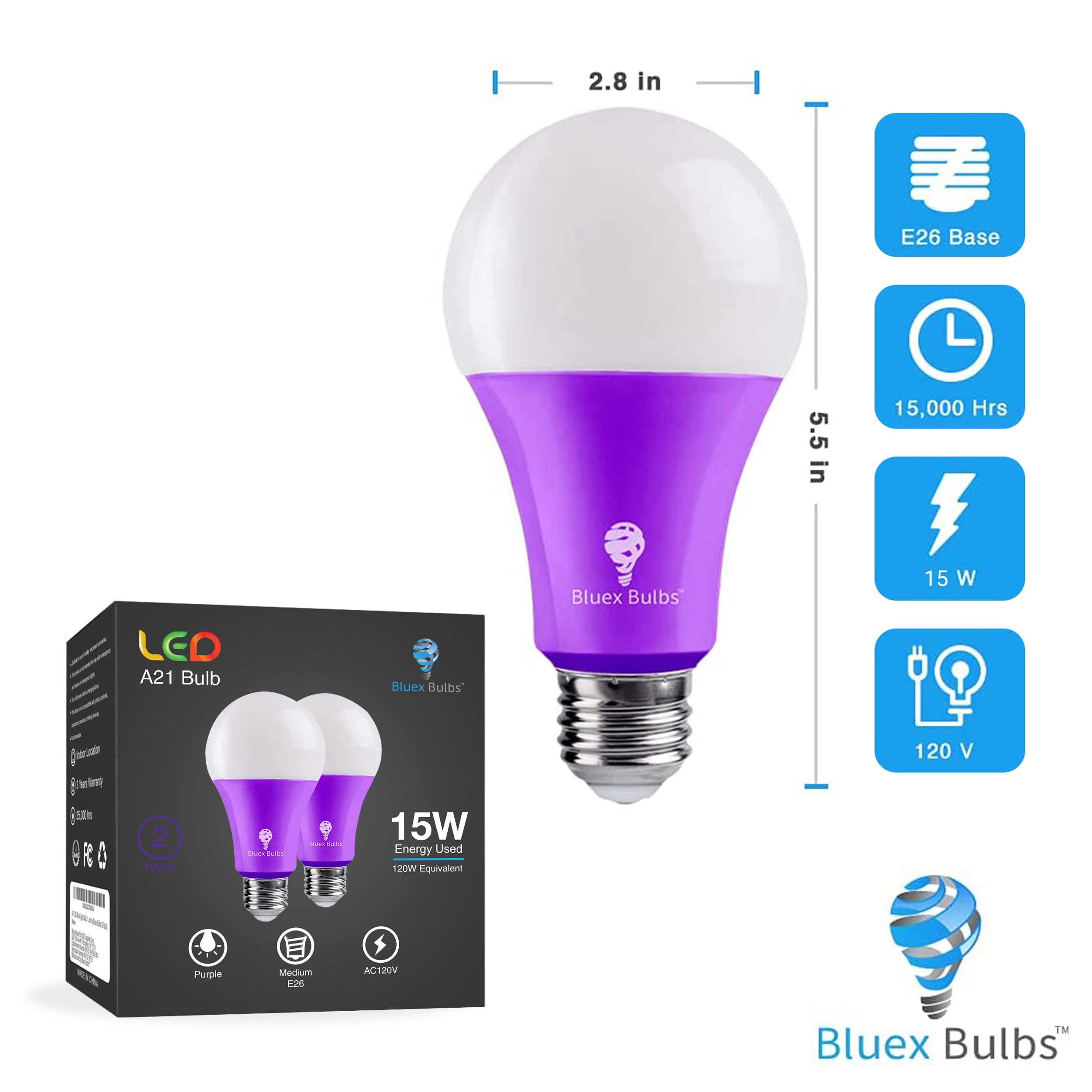 2 Pack BlueX LED A21 Purple Light Bulbs - 15W (120Watt Equivalent) - E26 Base Purple LED Purple Bulb, Party Decoration, Porch, Home Lighting, Holiday Lighting, Decorative Illumination Purple LED Bulb