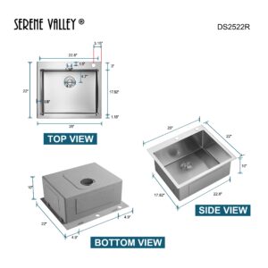 Serene Valley Stainless Steel Kitchen Sink,25-Inch Thick Deck Dual Mount, Single Bowl with Rear Drain, Heavy-Duty Grids DS2522R