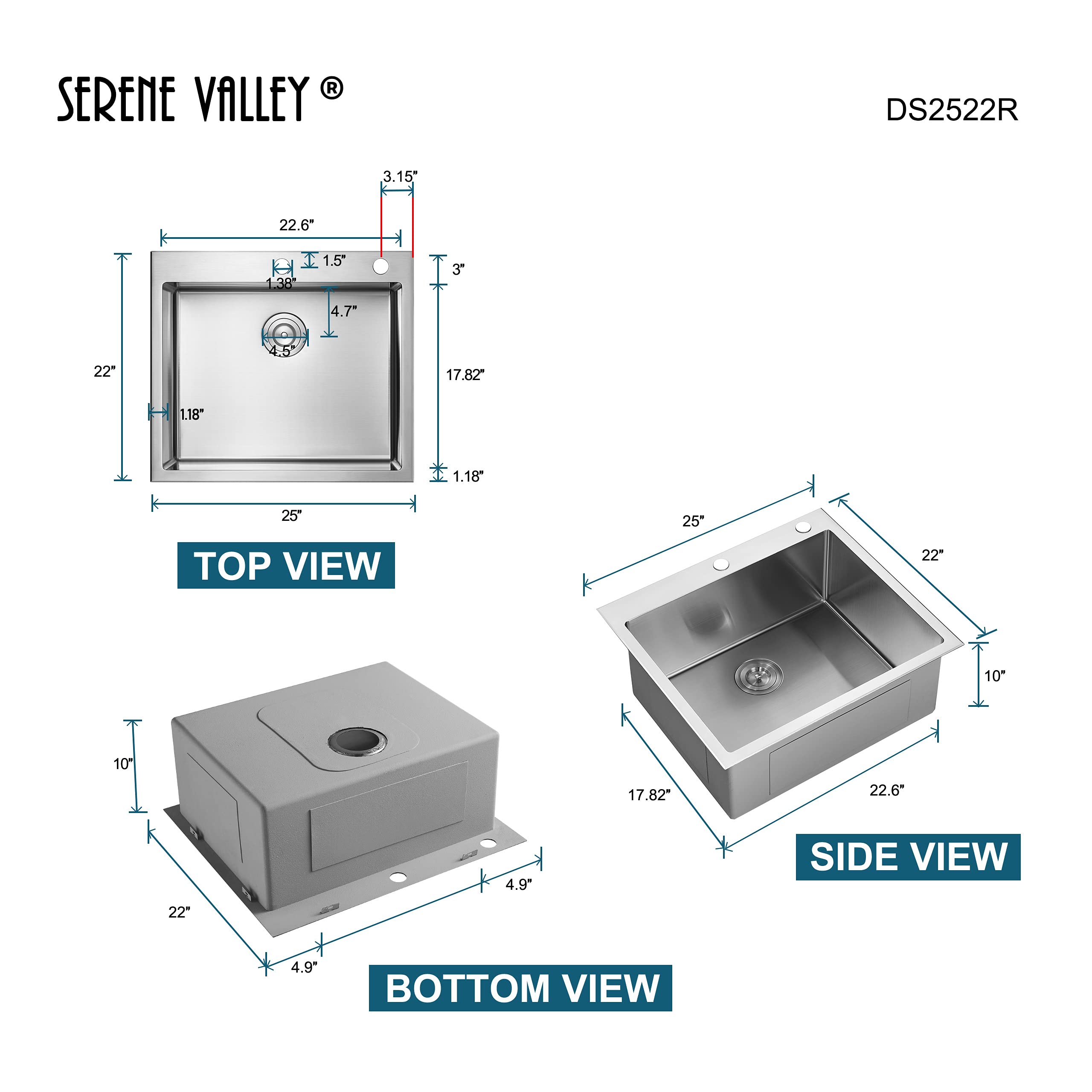 Serene Valley Stainless Steel Kitchen Sink,25-Inch Thick Deck Dual Mount, Single Bowl with Rear Drain, Heavy-Duty Grids DS2522R