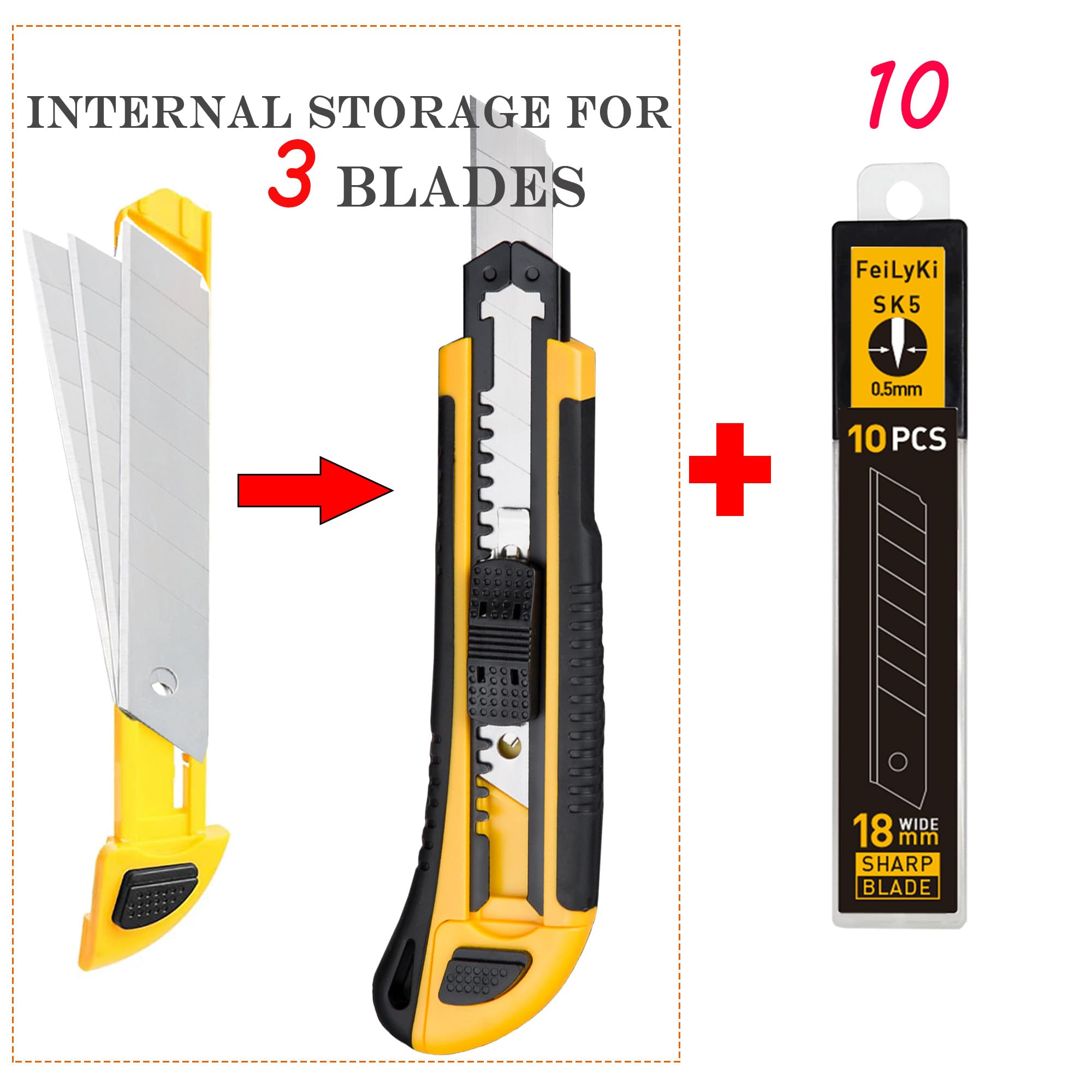 FeiLyKi 4-Pack 18mm box cutter retractable Construction knife Utility Knife Exacto knife,Rubber handle,10 SK5 Snap Off Blades-2051