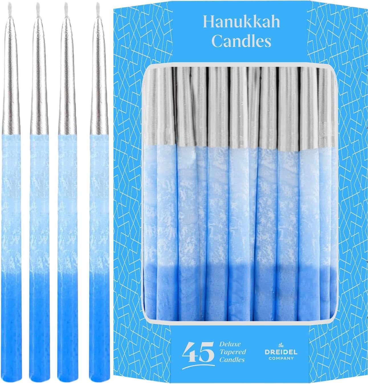 The Dreidel Company Metallic Hanukkah Frosted Premium Tapered Hand Decorated Chanuka Candles (Metallic Silver w/Blue Frost)