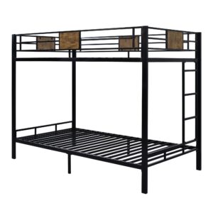 Allewie Twin Over Twin Bunk Bed with Rustic Wooden Accents, Sturdy Metal Frame, Space-Saving Design, Noise-Free, Black