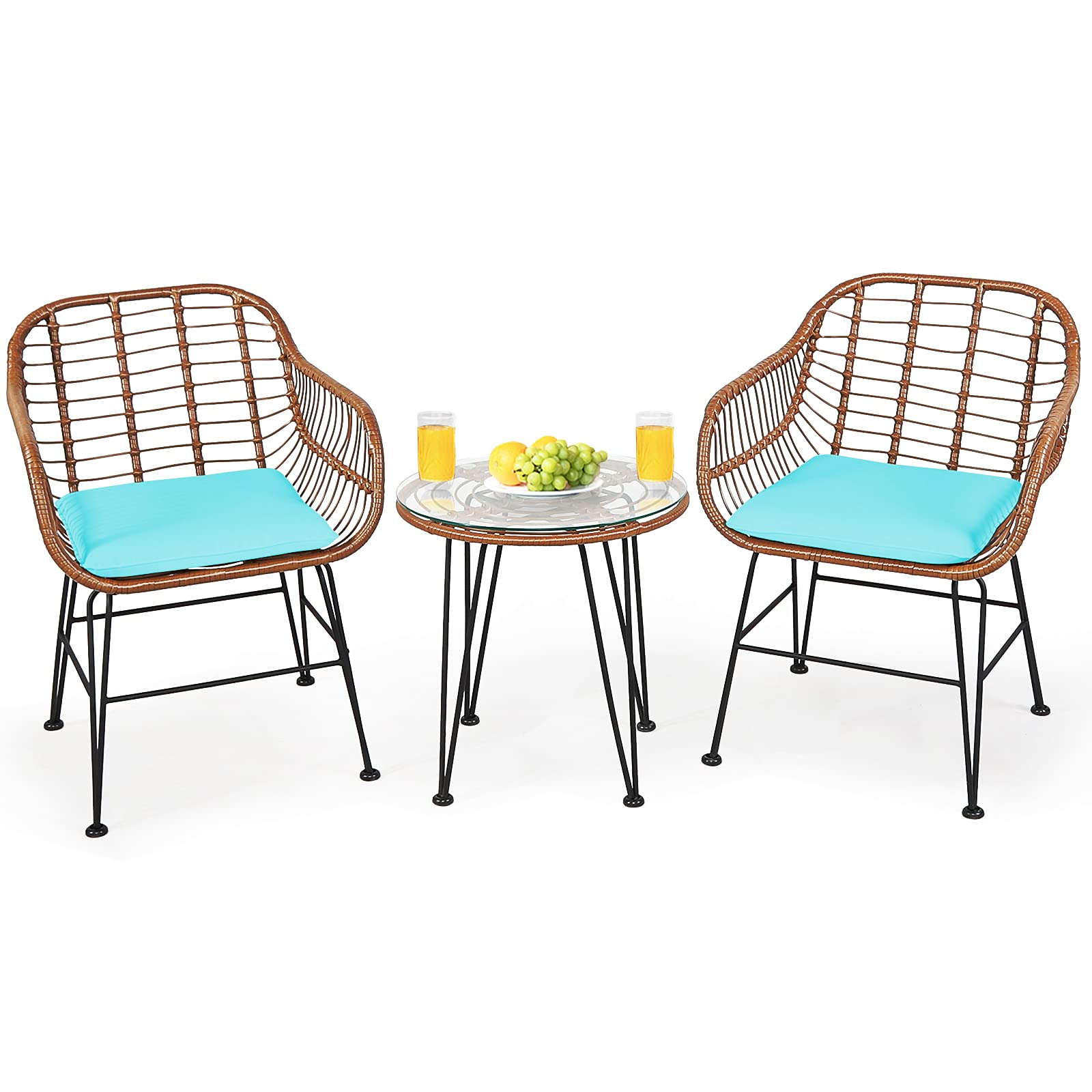 HAPPYGRILL 3 PCS Patio Bistro Set PE Rattan Wicker Armchairs and Coffee Table Set with Cushions for Garden Backyard Balcony Poolside