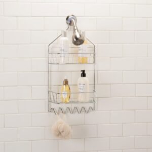 Bath Bliss, Bathroom Storage Organizer, Head, in Chrome 2 Tier Cabana Stripe Shower Caddy, 10.63 x 4.69 x 22.05