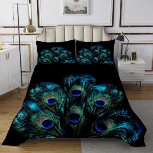 Erosebridal Peacock Feather Coverlet Set Wild Animal Bedspread for Boys Girls Youth,Wildlife Bedding Set Fashion Novelty Luxury Bedroom Decor Queen Size Blue Green Teal Black