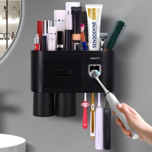 wekity toothpaste and toothbrush holder, multi-functional toothbrush holder wall mount for bathroom space saving, with toothpaste dispenser and colorful gargle cups (black)