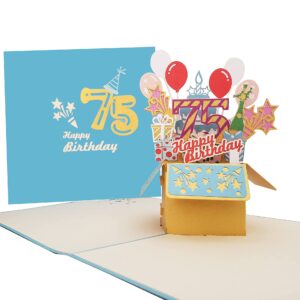 iGifts And Cards Happy 75th Blue Birthday Party Box 3D Pop Up Greeting Card – Seventy-Five, Awesome, Balloons, Unique, Celebration, Feliz Cumpleaños, Fun, Mom, Dad