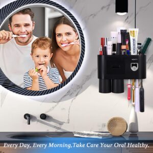 Wekity Toothpaste and Toothbrush Holder, Multi-Functional Toothbrush Holder Wall Mount for Bathroom Space Saving, with Toothpaste Dispenser and Colorful Gargle Cups (Black)