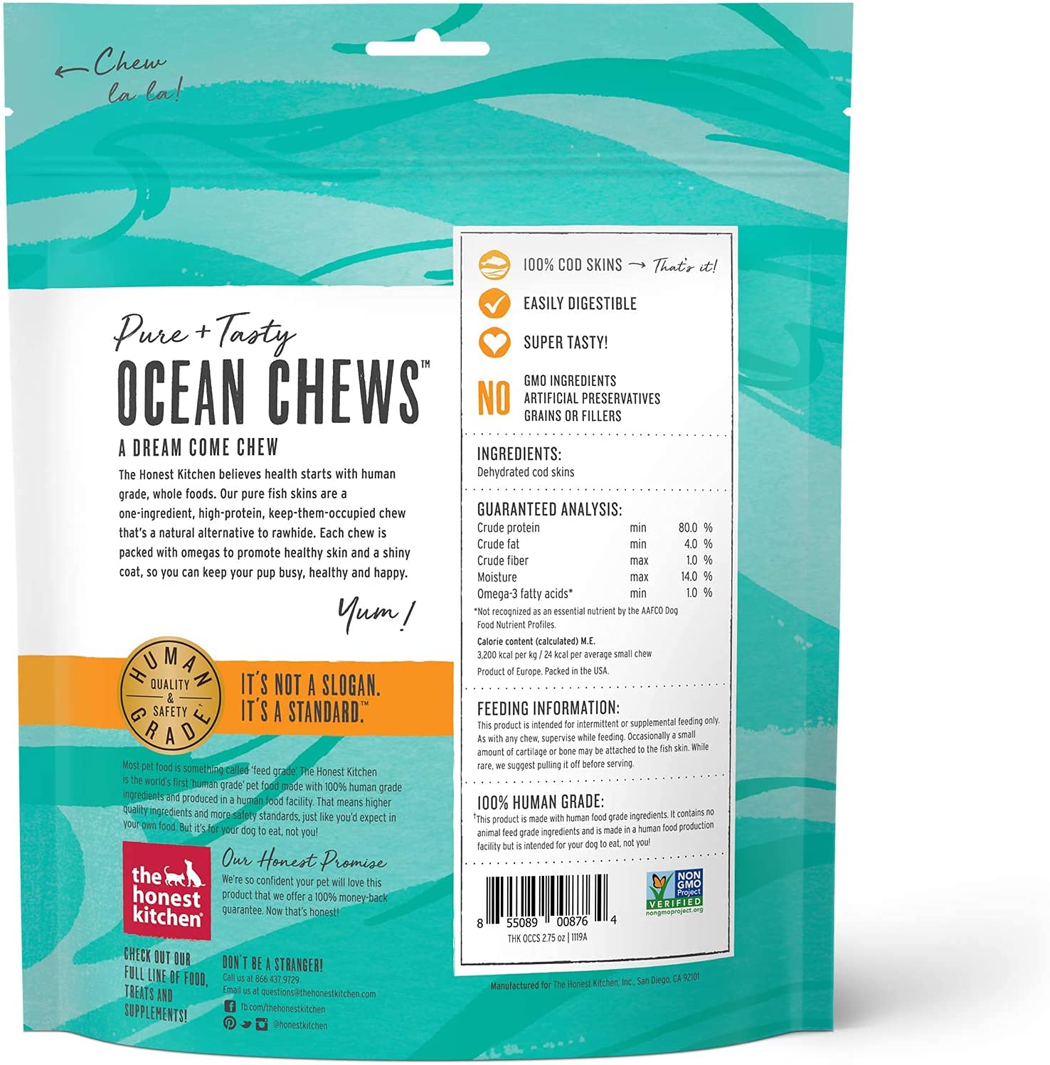 The Honest Kitchen 3 Pack of Crispy Cod Fish Skins Small Chews for Dogs, 2.75 Ounces Each, Single Ingredient