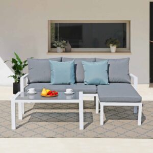 soleil jardin outdoor patio furniture set with chaise lounge, aluminum sofa set for porch garden, space saving l-shaped corner sectional chair with glass coffee table, white finish & grey cushion