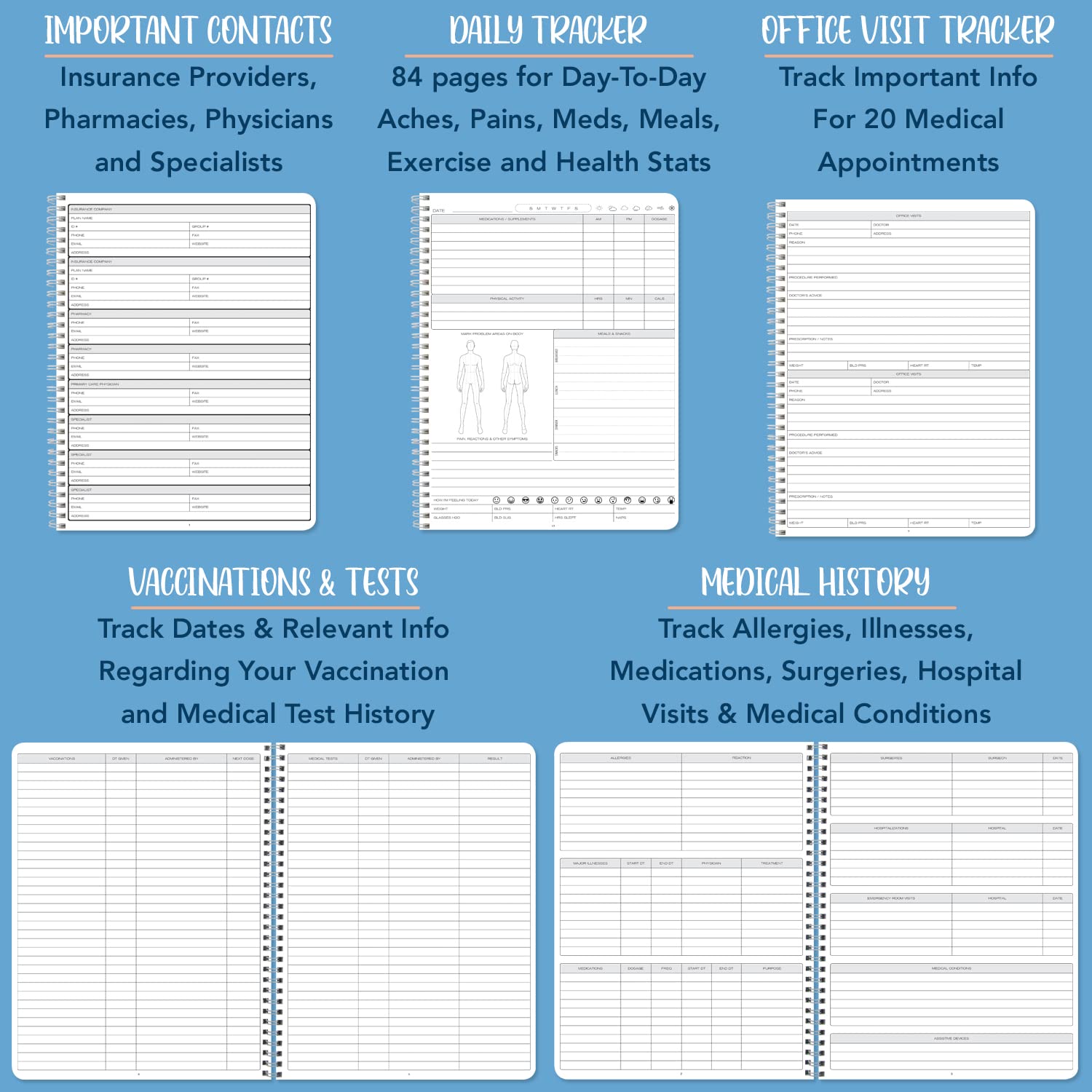 BookFactory Personal Medical Journal/My Medical History Logbook/Daily Medications Log Book/Medicine, Treatment, Doctor Visit Tracking Records - Wire-O, 100 Pages 6" x 9" (JOU-100-69CW-PP-(Medical))