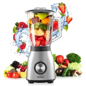 boniso countertop blender high speed countertop kitchen food mixer for blend, chop, grind with1.5l/50oz glass jar, for puree, ice frozen fruit crushing, nuts butter, shakes and smoothies