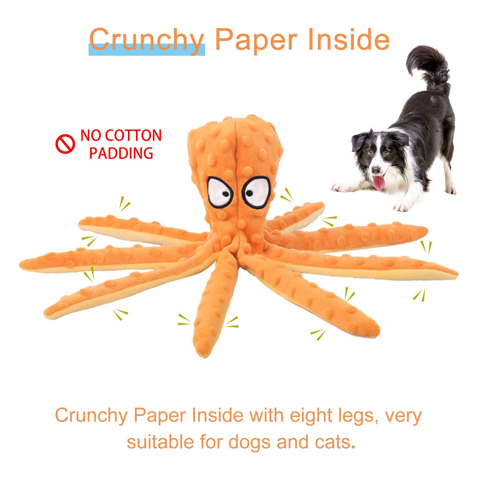 WishLotus Octopus Dog Chew Toy, No Stuffing Plush Dog Squeaky Toy with Crinkle Paper in Legs, Corduroy Interactive Dog Play Toy Dog Teething Toy for Small, Medium Dogs (Orange)