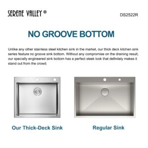 Serene Valley Stainless Steel Kitchen Sink,25-Inch Thick Deck Dual Mount, Single Bowl with Rear Drain, Heavy-Duty Grids DS2522R