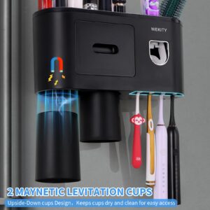 Wekity Toothpaste and Toothbrush Holder, Multi-Functional Toothbrush Holder Wall Mount for Bathroom Space Saving, with Toothpaste Dispenser and Colorful Gargle Cups (Black)