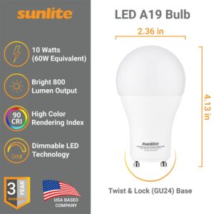 Sunlite A19 GU24 Dimmable Light Bulb, 10 Watts (60W Equivalent) 800 Lumens, 2 Prong LED Twist and Lock Base, 90 CRI, UL Listed, Energy Star, Title 20 Compliant, 2700K Soft White, 6 Pack