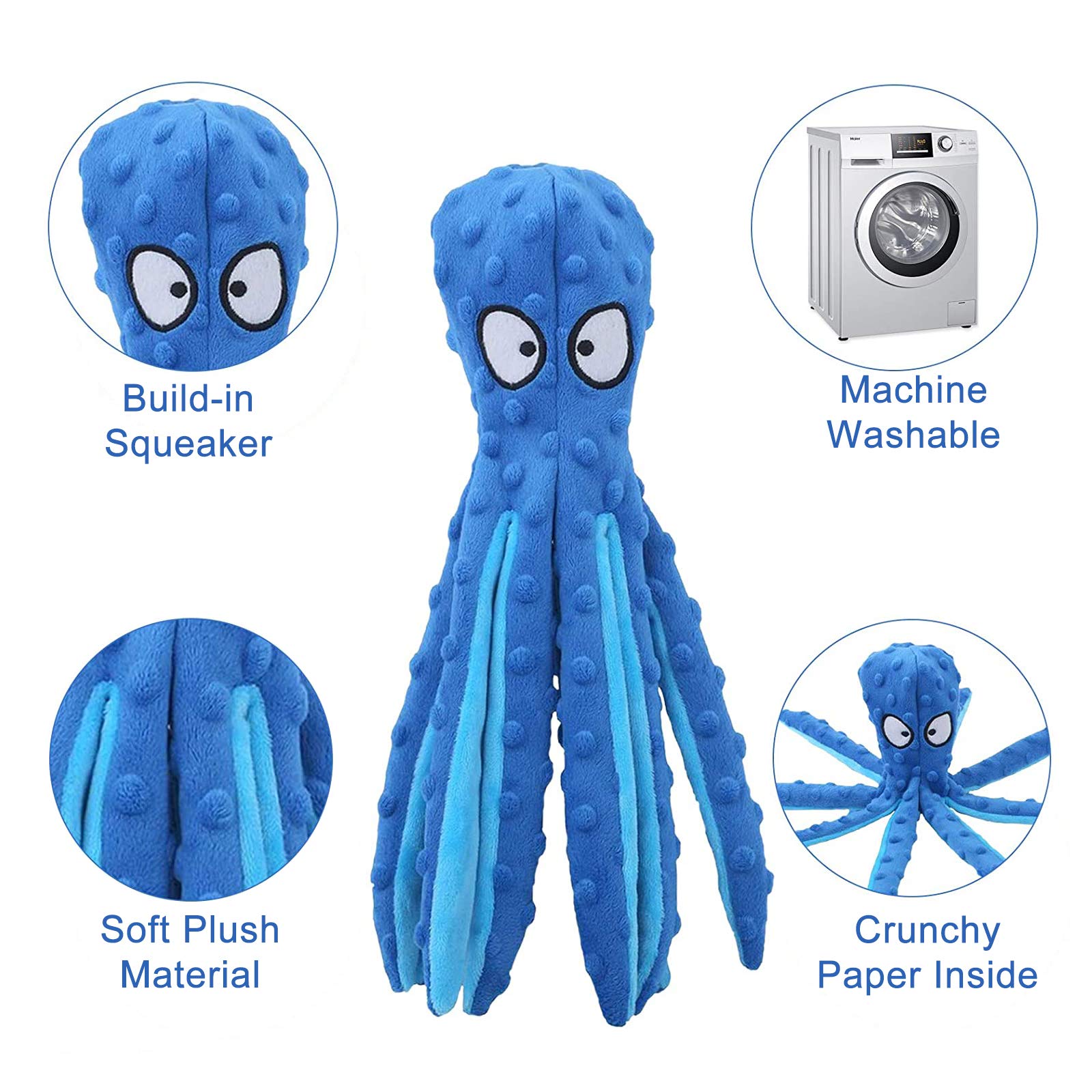 WishLotus Octopus Dog Chew Toy, No Stuffing Plush Dog Squeaky Toy with Crinkle Paper in Legs, Corduroy Interactive Dog Play Toy Dog Teething Toy for Small, Medium Dogs (Blue)