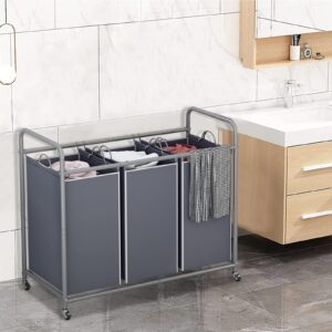 Laundry Sorter 3 Bag Laundry Hamper Cart with Rolling Lockable Wheels and Removable Bags Laundry Organizer Cart for Clothes Storage