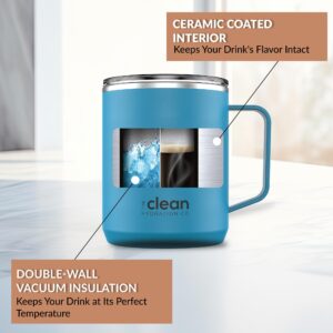 The Clean Hydration Company Insulated Coffee tumbler | Travel coffee mug | Ceramic Lined Tumbler | Iced Coffee Tumbler Cup with Lid | Double Wall Vacuum (Aqua, Mug 12oz)