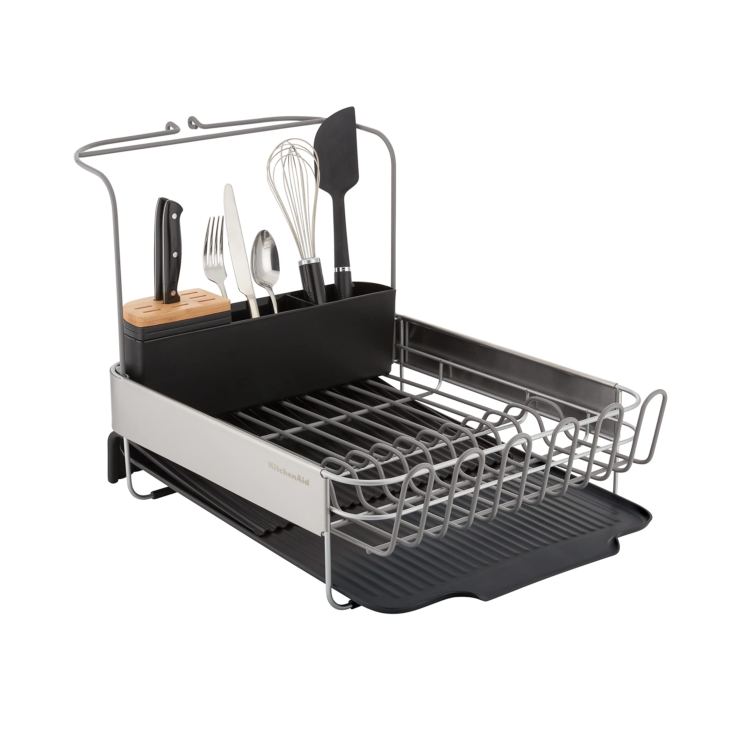 KitchenAid Full Size, Rust Resistant Expandable Dish Rack with Angled Self Draining Drainboard, 24-Inch, Black