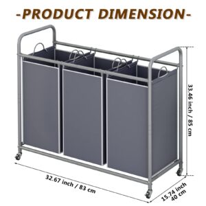 Laundry Sorter 3 Bag Laundry Hamper Cart with Rolling Lockable Wheels and Removable Bags Laundry Organizer Cart for Clothes Storage