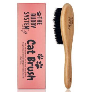 the buddy system cat brush with boar bristle and wooden handle, professional grade daily grooming hairbrush, reduce shedding, soft hair and healthy shine (1 pack)