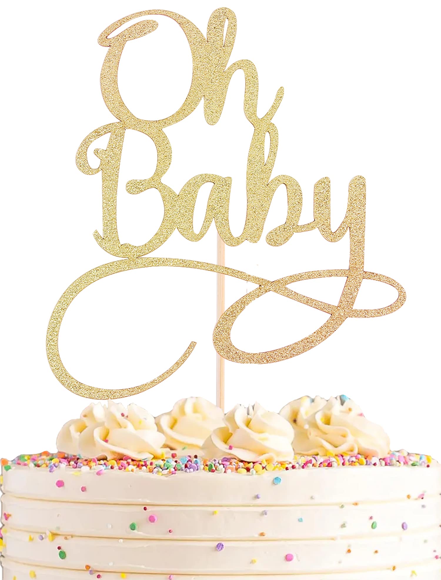 AHAORAY Oh Baby Cake Topper - Premium Gold Baby Birthday Party Cake Decoration Supplies, for Baby Shower/Gender Reveal Party/Baby Party Photo Booth Props