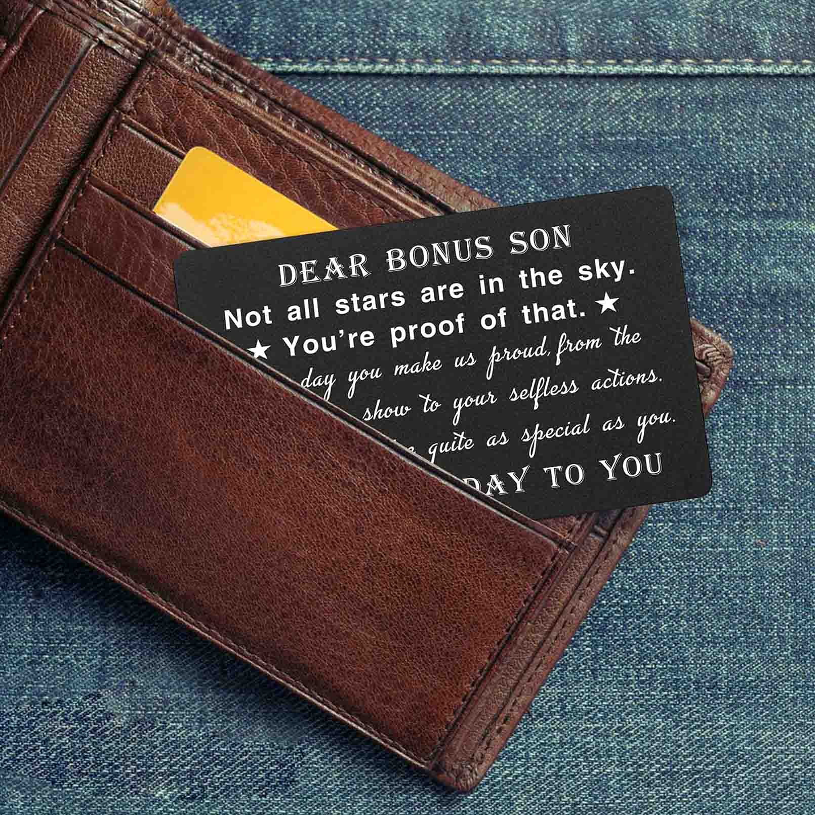 TGCNQ Stepson Birthday card Happy Birthday Bonus Son - Engraved Wallet Card for Stepson's Birthday, Happy Birthday to Bonus Son