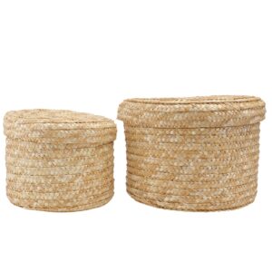 cabilock 2pcs straw storage basket desktop wicker magazine baskets hampers for laundry with lid seagrass storage baskets snack container wheat straw decorative basket to weave