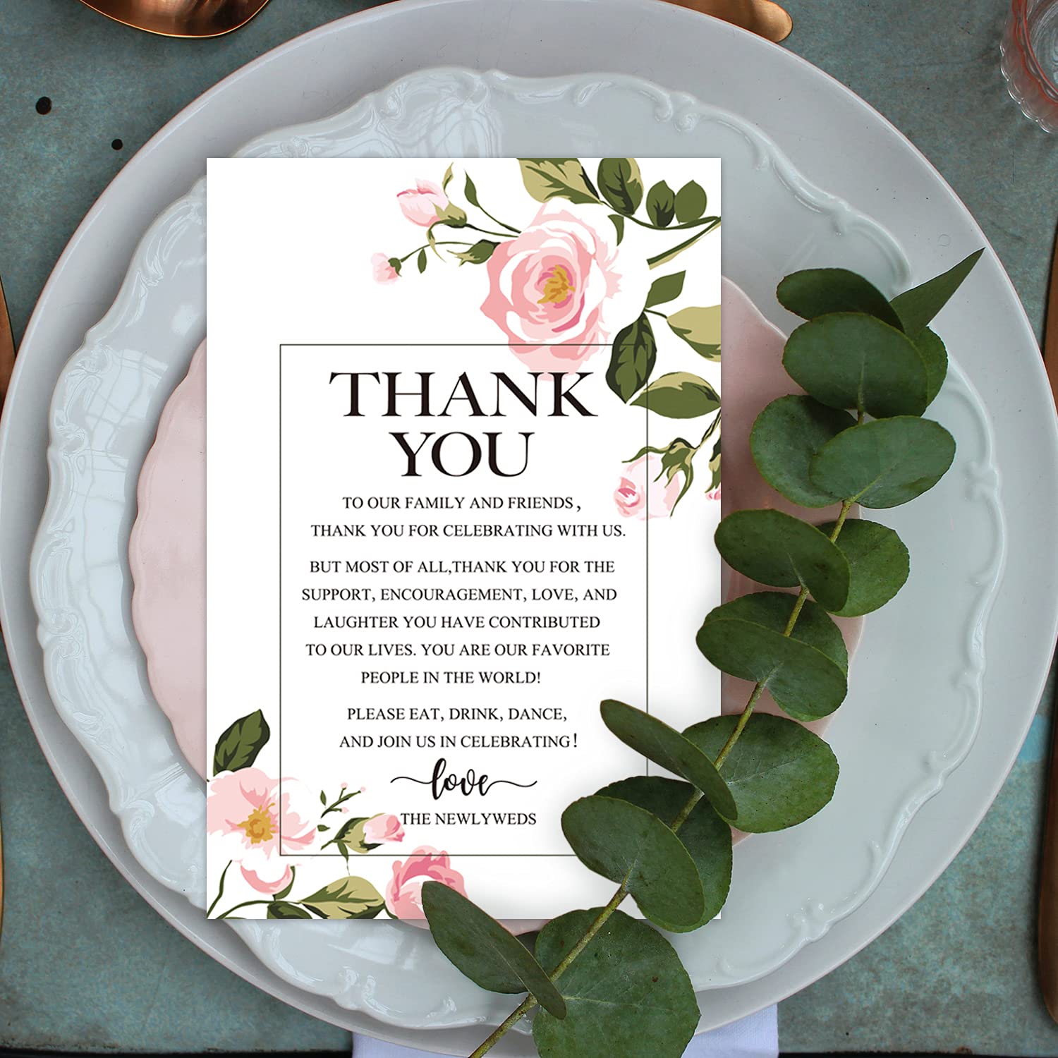 EKSPLODI Floral Thank You Place Setting Cards, Wedding Reception Thank You Cards, Table Centerpieces and Wedding Decorations, Wedding, Bridal, Engagement, Anniversary, 4x6 Inch, Pack of 50