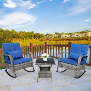 funkoco 3 pieces patio pe rattan conversation chair set, outdoor furniture rocking chair set with water-proof cushion&coffee table for garden,backyard and porch (dark blue)