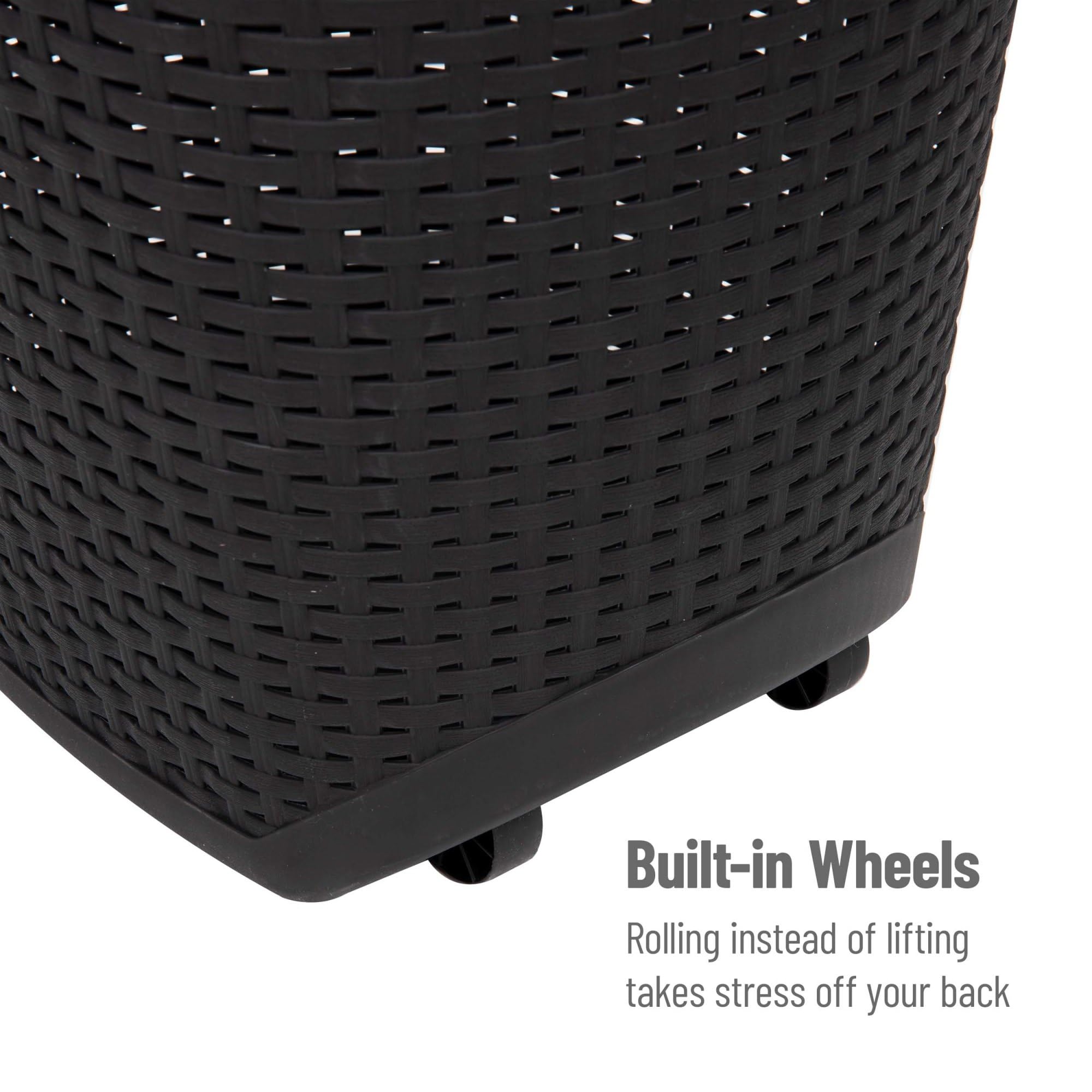 Mind Reader 60L Rolling Laundry Hamper, Clothes Basket, Wheels, Wicker Style, Plastic, 19.5"L x 14.75"W x 29.25"H, Black